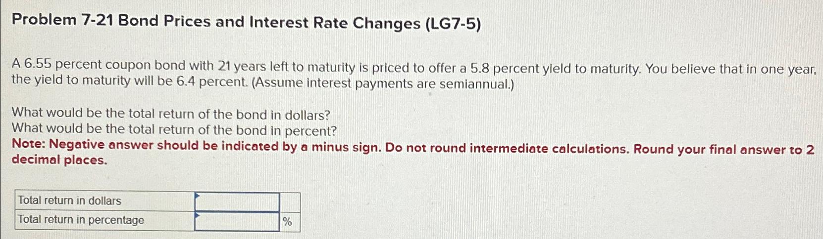 Solved Problem 7-21 ﻿Bond Prices and Interest Rate Changes | Chegg.com