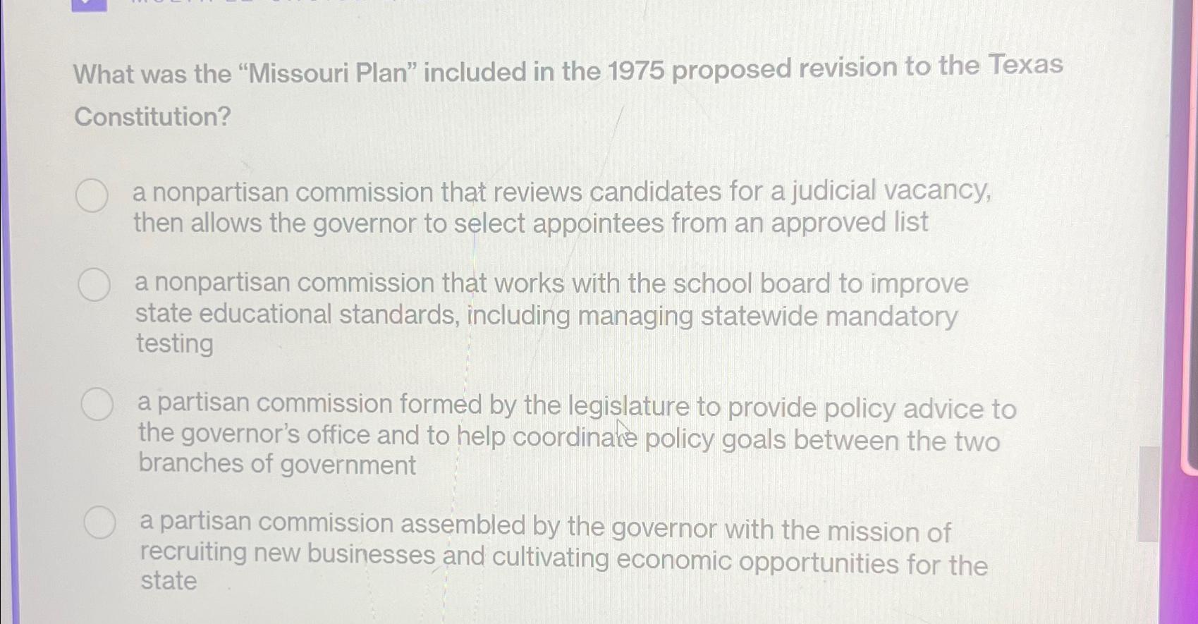 Solved What was the "Missouri Plan" included in the 1975 | Chegg.com