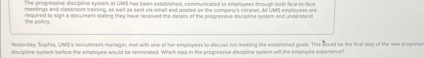 Solved The progressive discipline system at UMS has been | Chegg.com