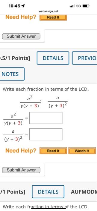 Solved .5/1 Points] Write each fraction in terms of the LCD. | Chegg.com