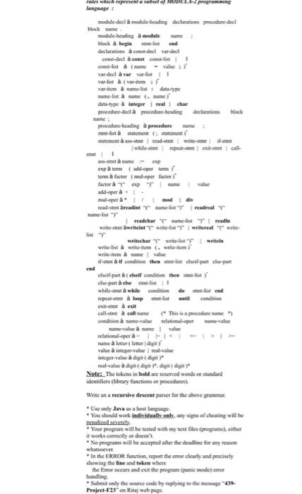 Solved Given the grammar defined by the following set of | Chegg.com