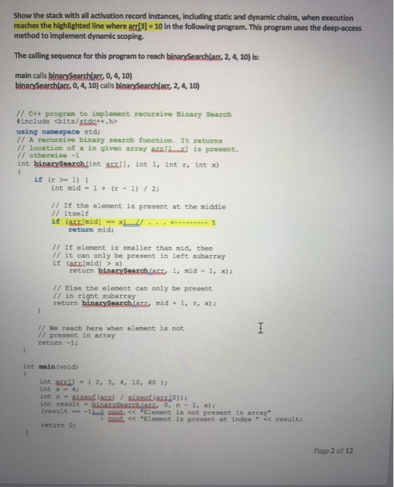 Show the stack with all activation record instances, | Chegg.com