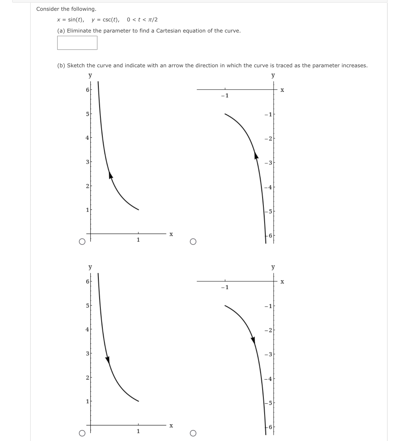 Solved Consider the following.x=sin(t),y=csc(t),0(a) | Chegg.com
