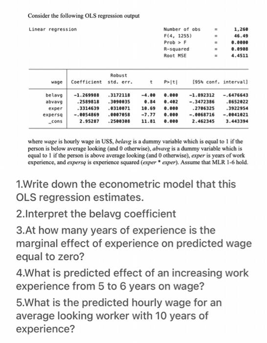 Solved Consider The Following Ols Regression Output Linear 8996