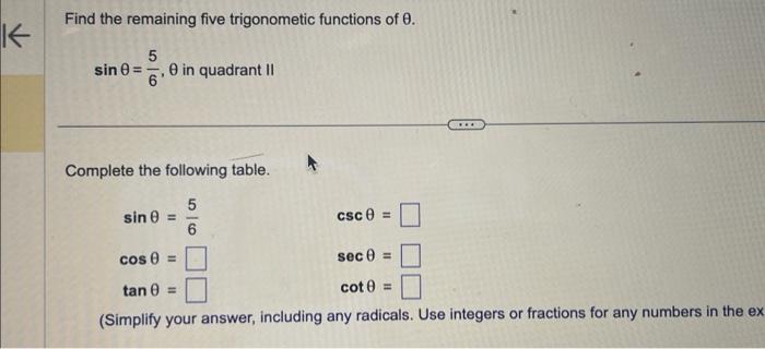 Solved Find the remaining five trigonometic functions of θ. | Chegg.com