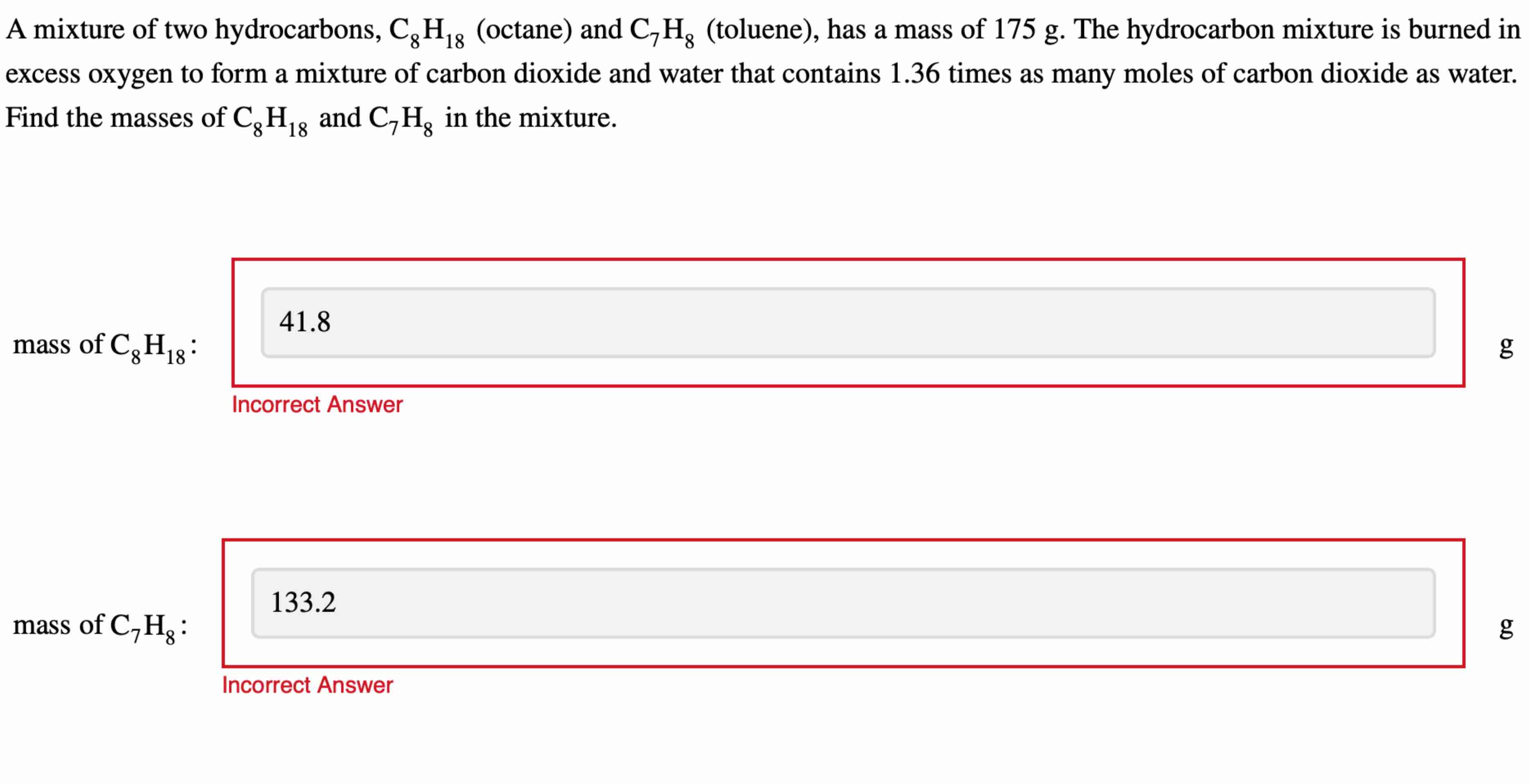 Solved A mixture of ﻿two hydrocarbons, C8H18 (octane) ﻿and | Chegg.com