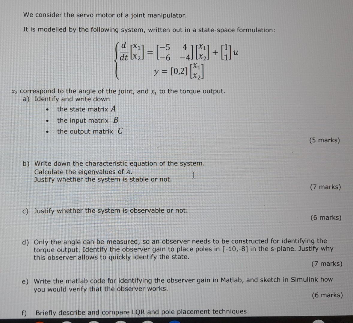 Solved We consider the servo motor of a joint manipulator. | Chegg.com