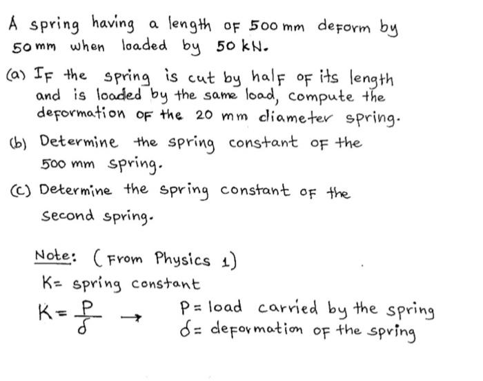 Solved A spring having a length of 500 mm de form by 50 mm | Chegg.com