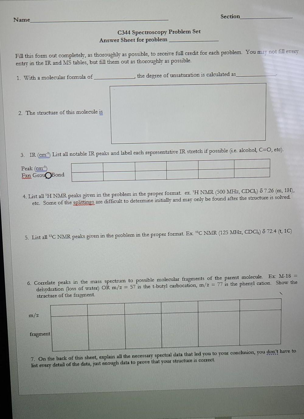 Solved Section Name C344 Spectroscopy Problem Set Answer | Chegg.com