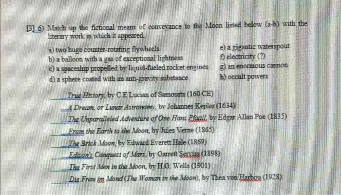 [316) Match up the fictional means of conveyance to | Chegg.com