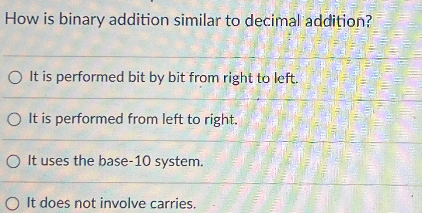 Solved How is binary addition similar to decimal addition?It | Chegg.com