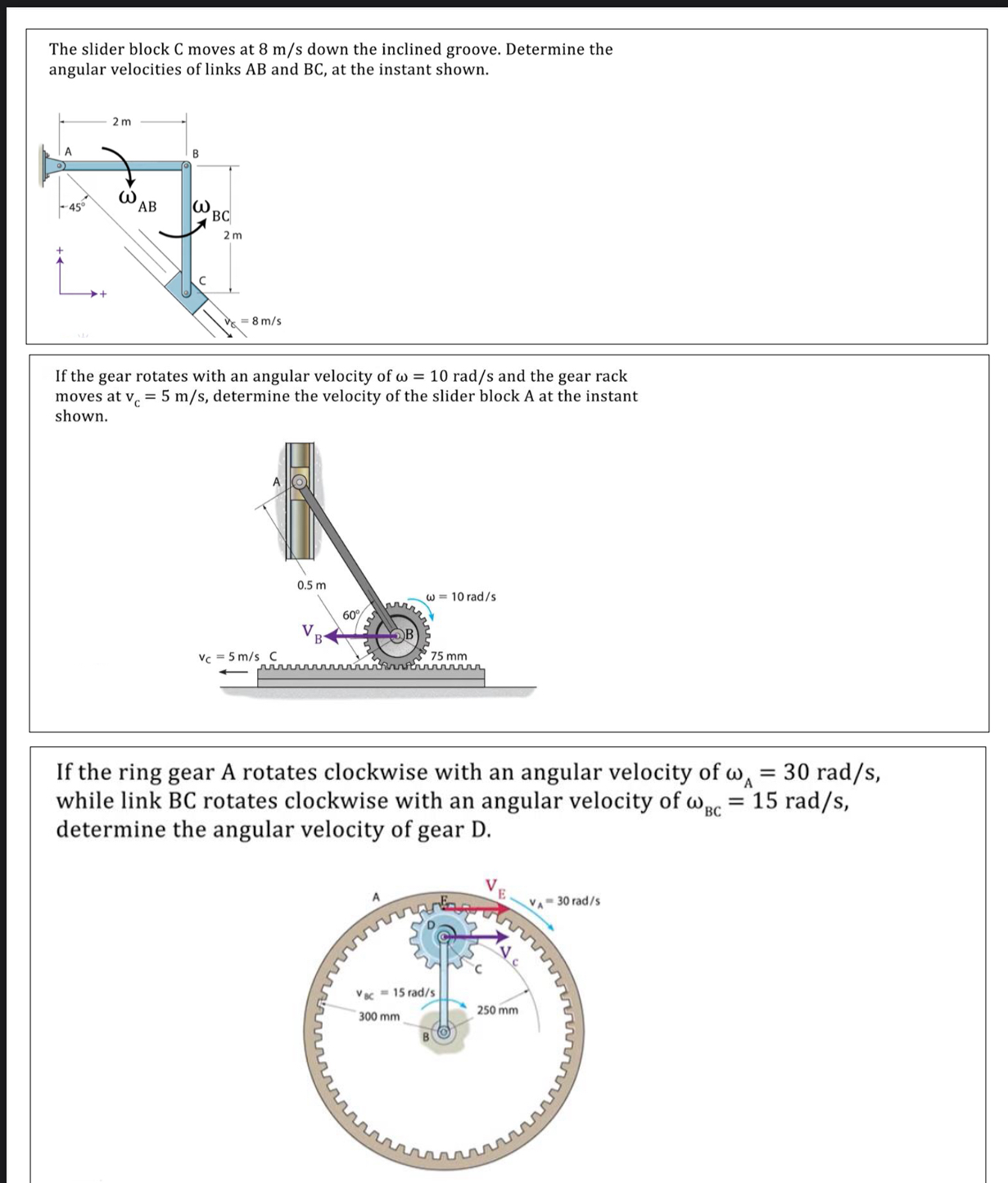 Solved The slider block C ﻿moves at 8ms ﻿down the inclined | Chegg.com