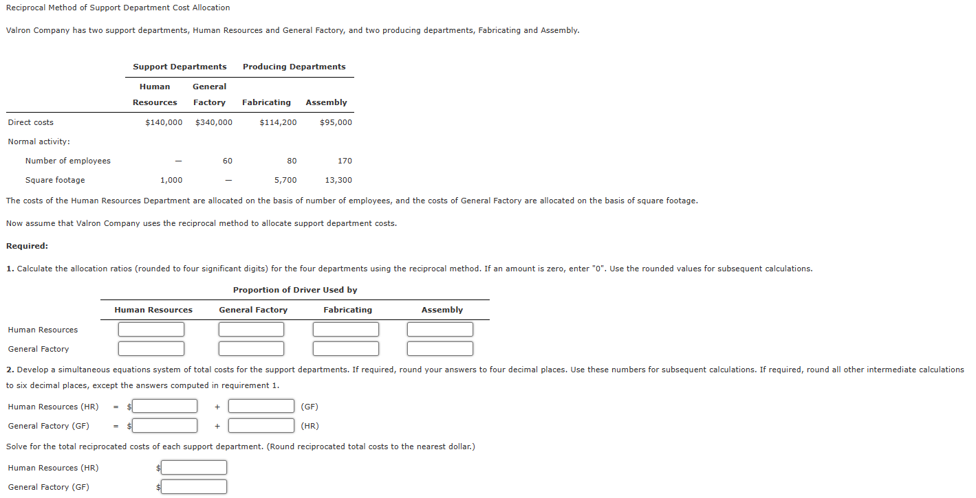 Solved Reciprocal Method of Support Department Cost | Chegg.com