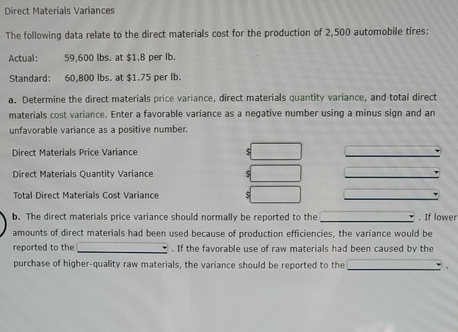 Solved Direct Materials Variances The following data relate | Chegg.com