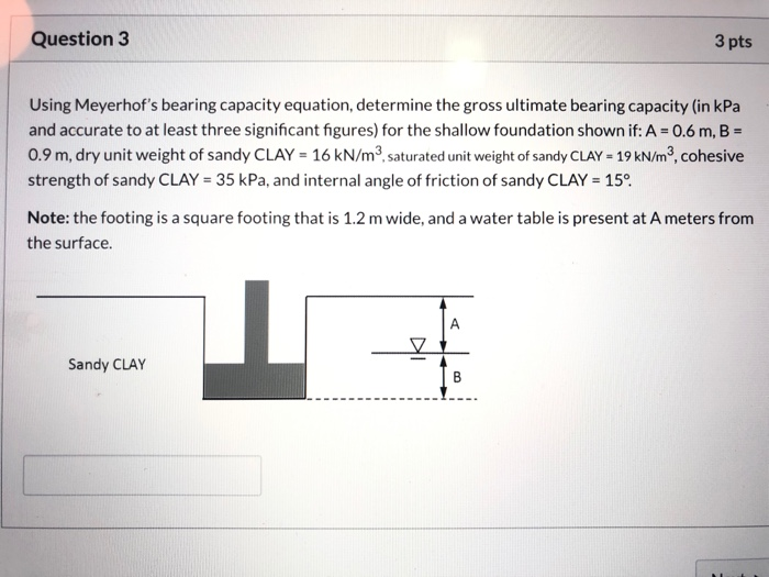 Solved Question 3 3 pts Using Meyerhof's bearing capacity | Chegg.com Solved Question 3 3 pts Using Meyerhof's bearing capacity | Chegg.com