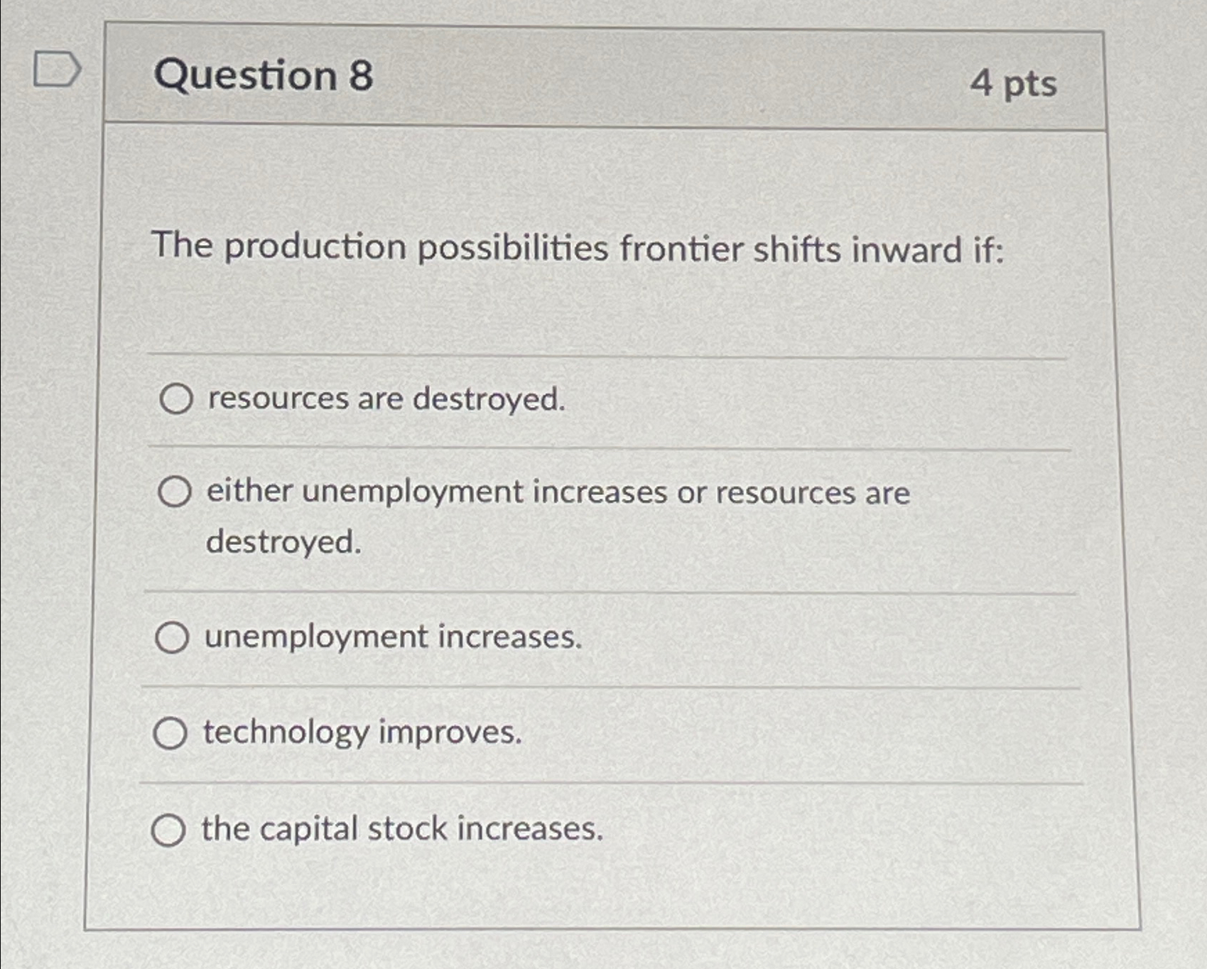 Solved Question 84 ptsThe production possibilities frontier | Chegg.com Solved Question 84 ptsThe production possibilities frontier | Chegg.com