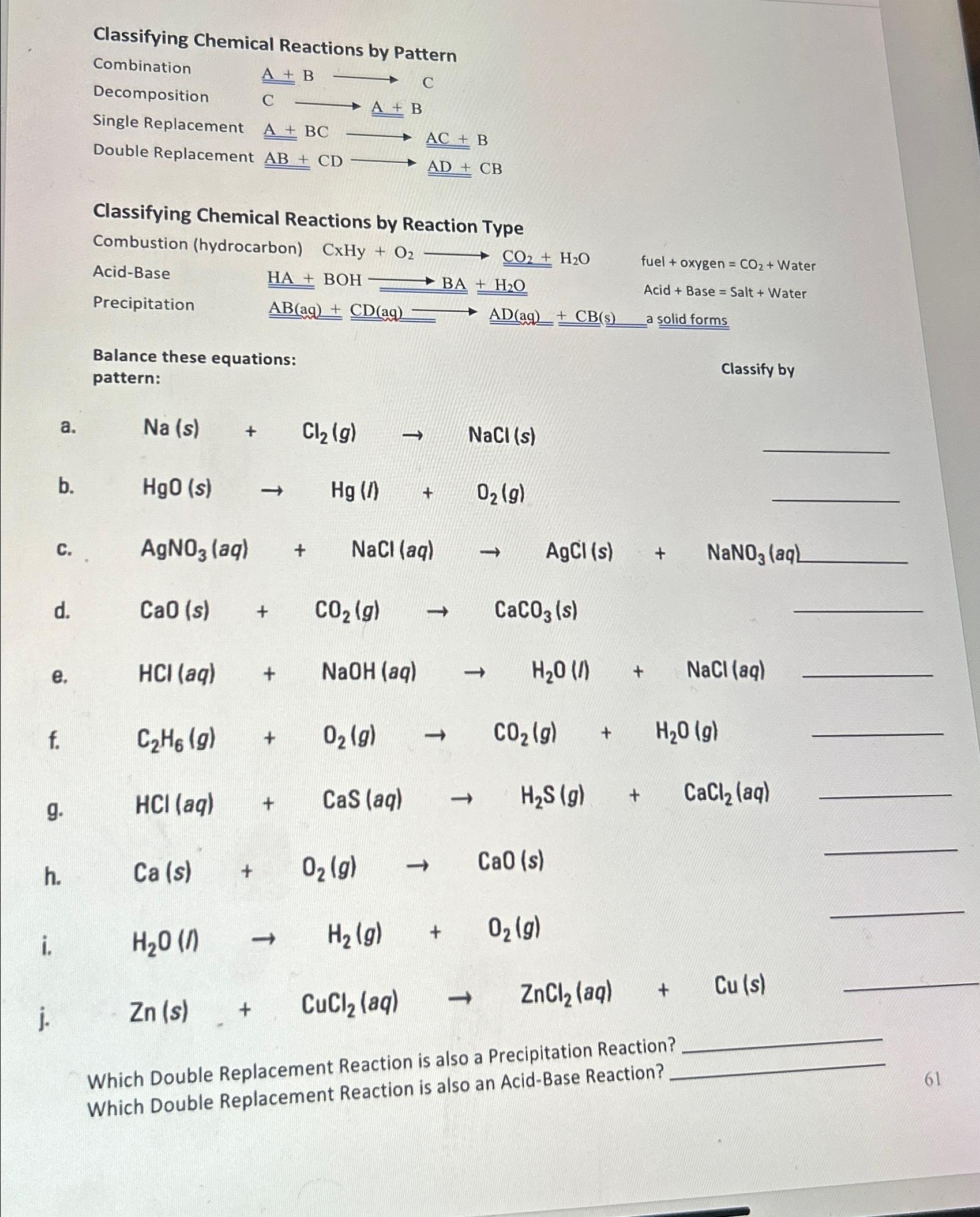 Solved Classifying Chemical Reactions by PatternCombination | Chegg.com