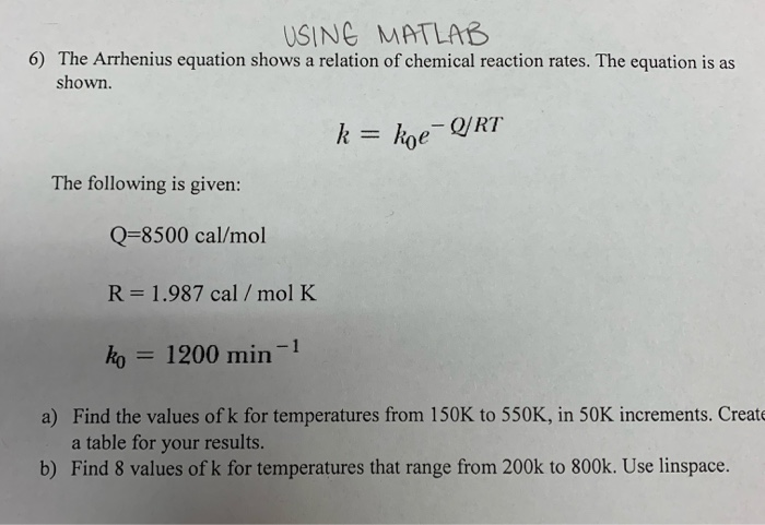 Solved USING MATLAB 6) The Arrhenius equation shows a | Chegg.com