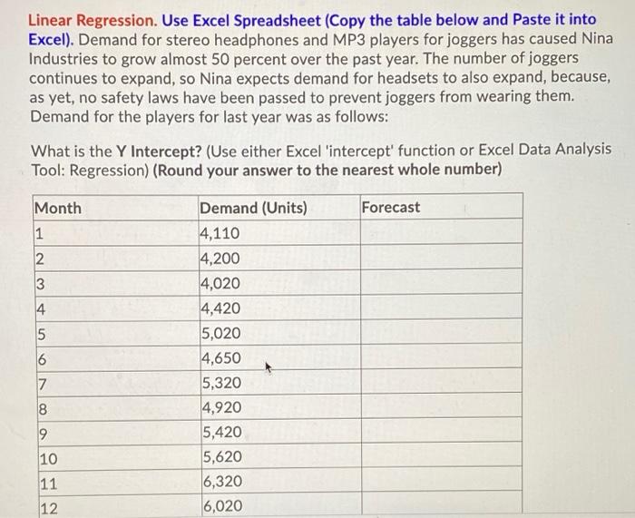 Solved Linear Regression. Use Excel Spreadsheet (Copy the | Chegg.com