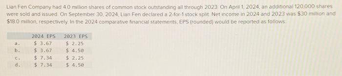 Solved Lian Fen Company had 40 million shares of common | Chegg.com
