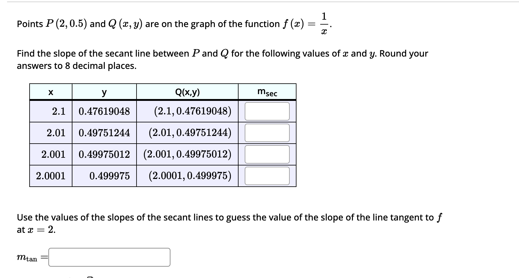 Solved Points P(2,0.5) ﻿and Q(x,y) ﻿are on the graph of the | Chegg.com