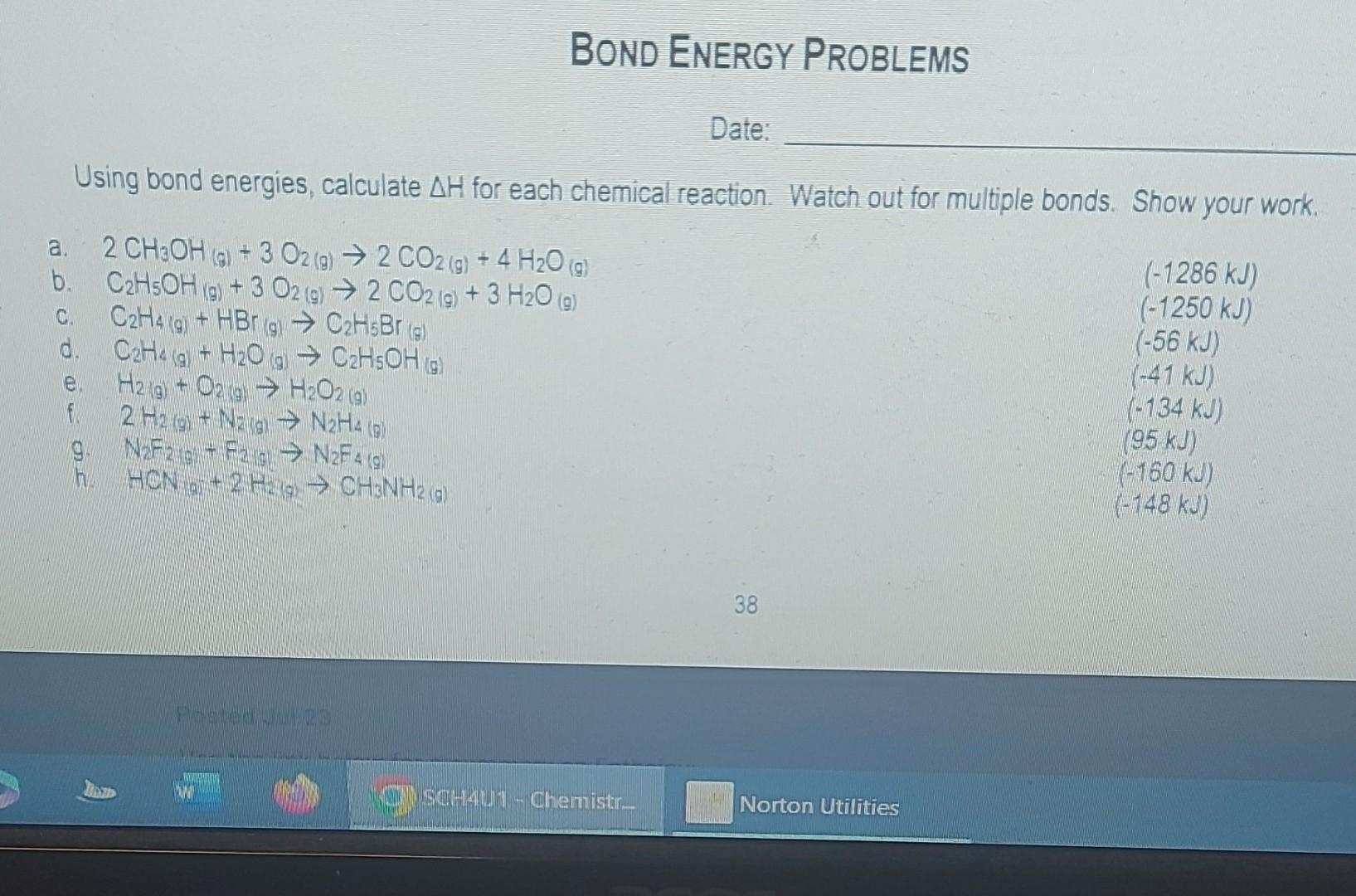 Solved Using bond energies, calculate ΔH for each chemical | Chegg.com