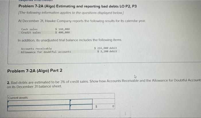 Solved Problem 7-2A (Algo) Estimating and reporting bad | Chegg.com