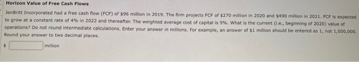 Solved Horizon Value of Free Cash Flows JenBritt | Chegg.com