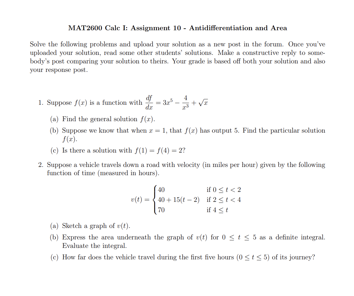 Solved MAT2600 ﻿Calc I: Assignment 10 - ﻿Antidifferentiation | Chegg.com