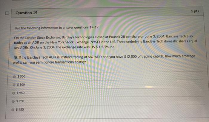 Solved Question 17 1 pts Use the following information to | Chegg.com