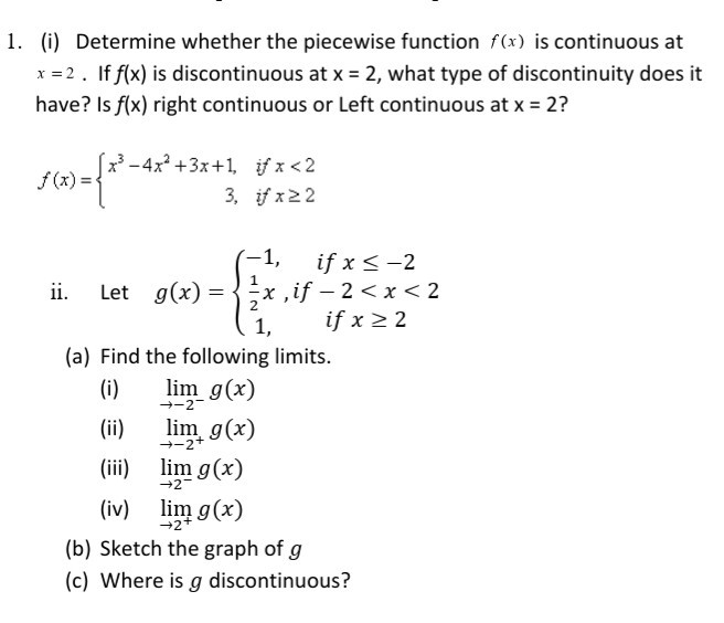 Solved +-2+ 3+) 1. (i) Determine whether the piecewise | Chegg.com