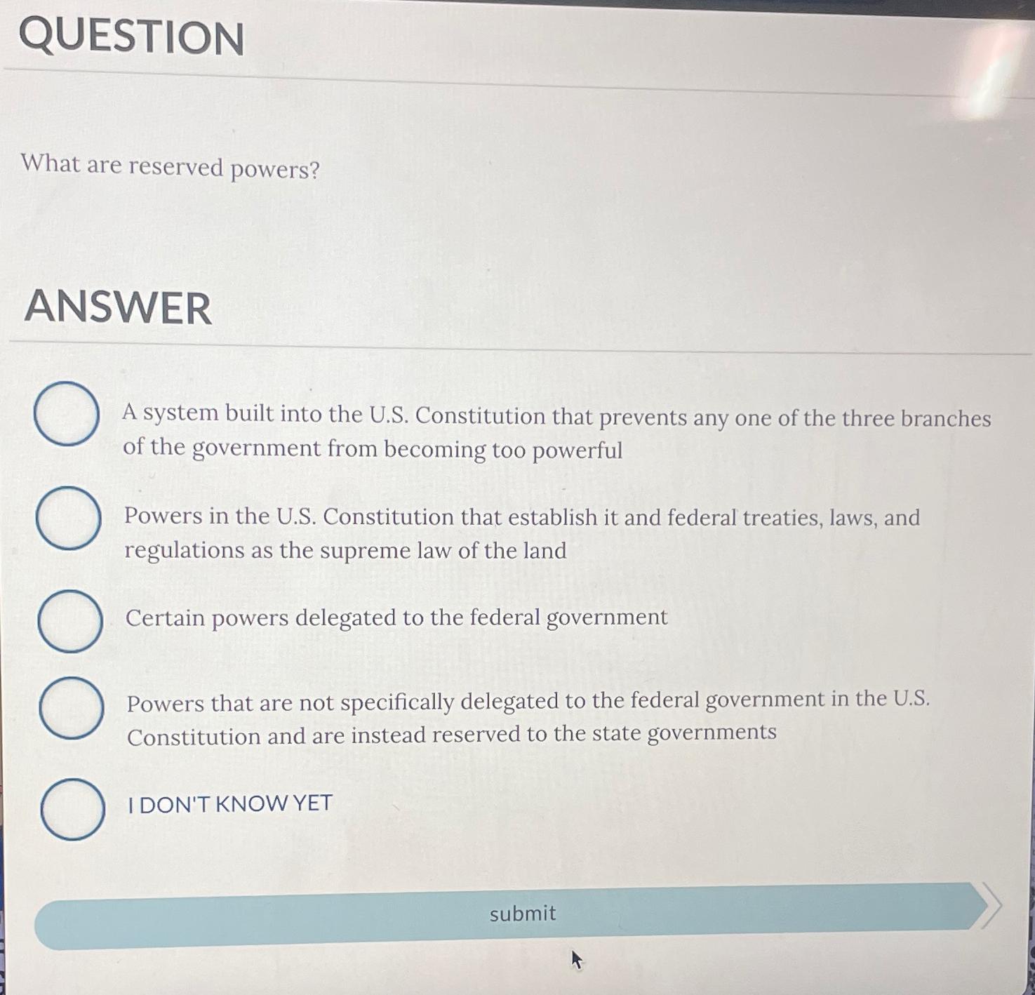 Solved QUESTIONWhat are reserved powers?ANSWERA system built | Chegg.com