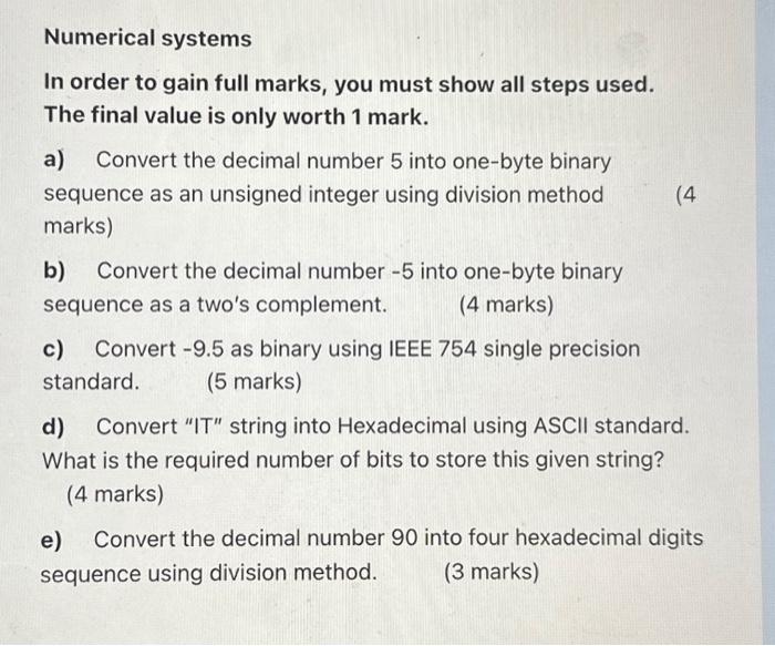 Numerical systems In order to gain full marks, you | Chegg.com