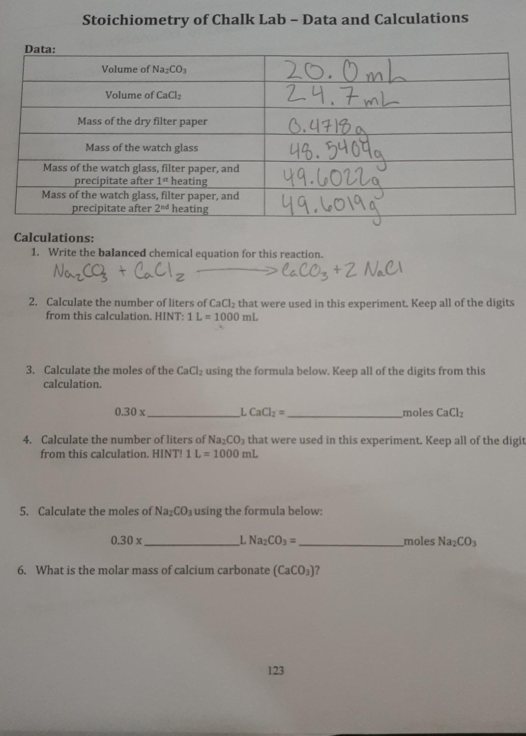 Solved Stoichiometry of Chalk Pre-Lab 1. Write an equation | Chegg.com