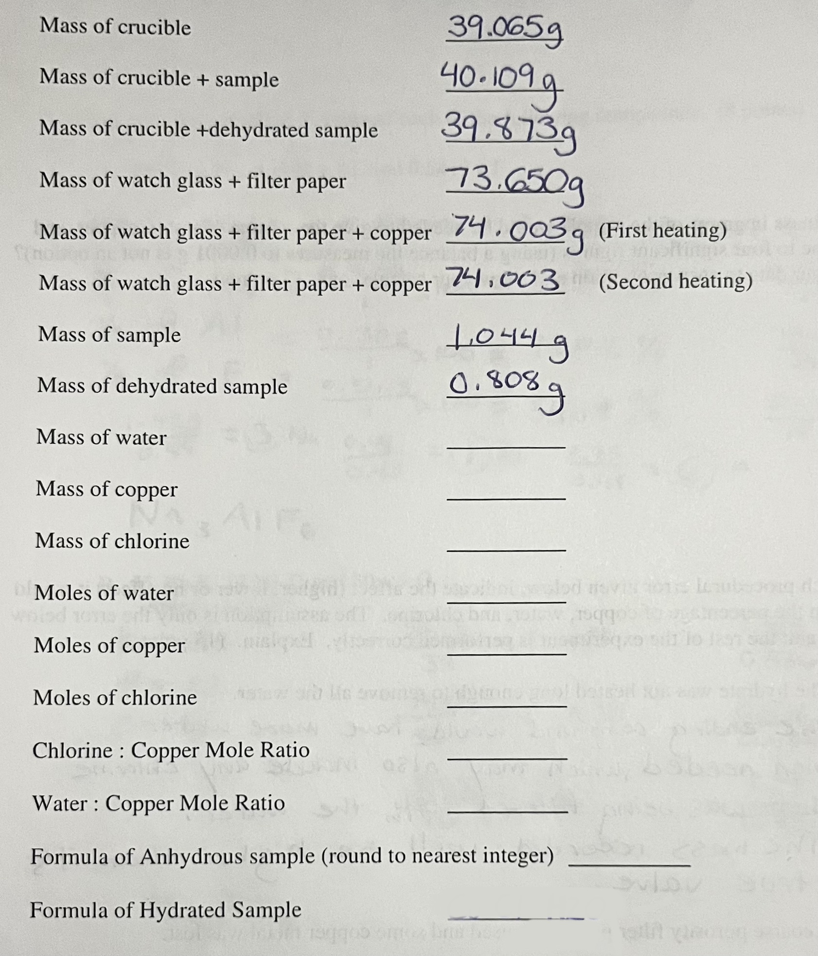 Solved Mass of Crucible: 39.065gMass of crucible + ﻿sample: | Chegg.com