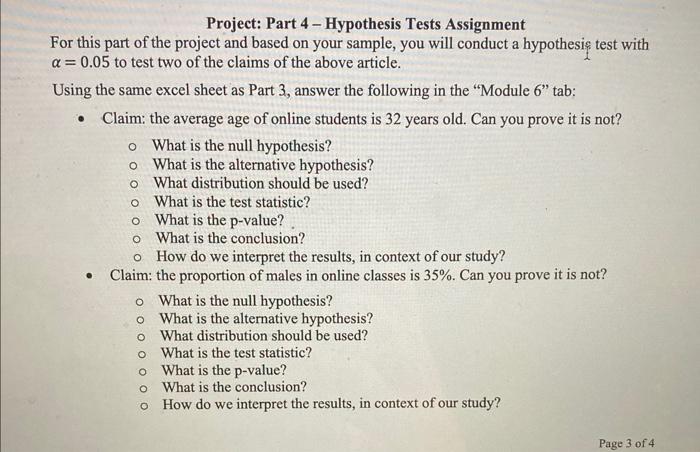 Solved Project: Part 4 - Hypothesis Tests Assignment For | Chegg.com