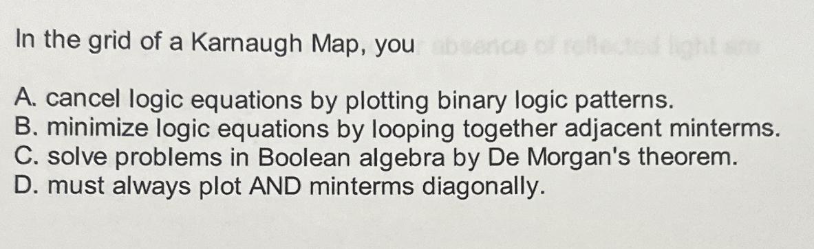 Solved In the grid of a Karnaugh Map, youA. ﻿cancel logic | Chegg.com