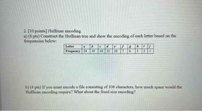 Solved 2. [10 points] Huffman encoding a) (6 pts) Construct | Chegg.com