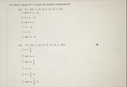 Solved For which values of t ﻿is each set linearly | Chegg.com