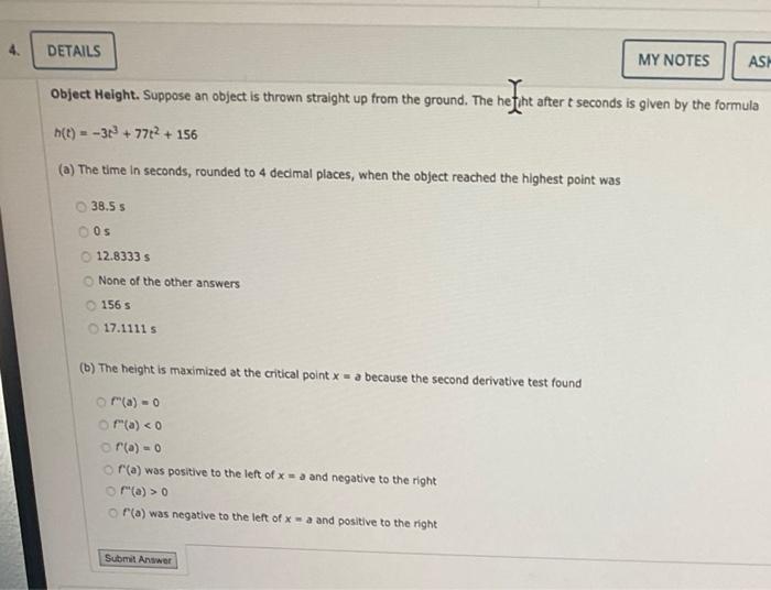 Solved DETAILS MY NOTES ASH Object Height. Suppose an object | Chegg.com