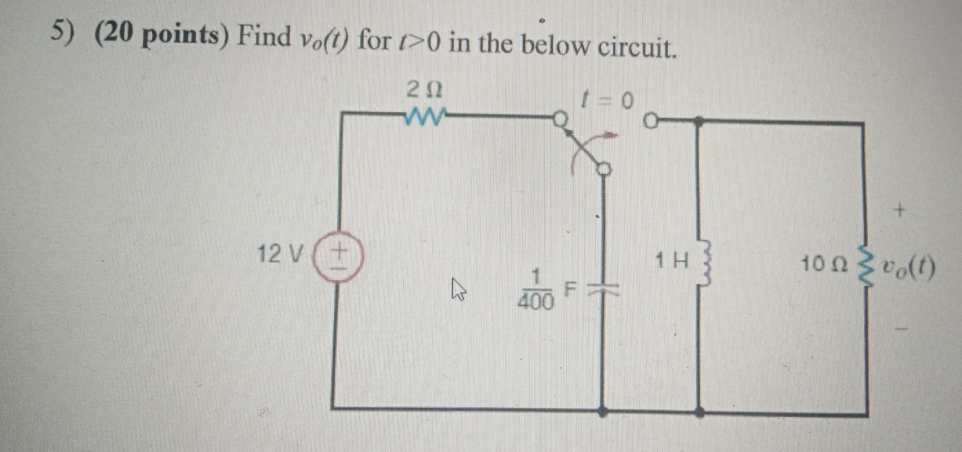 Solved 5) (20 points) Find vo(t) for t>0 in the below | Chegg.com
