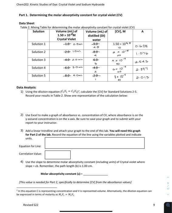 Solved Chem202: Kinetic Studies of Dye: Crystal Violet and | Chegg.com