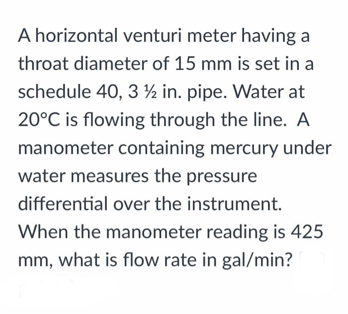 Solved A horizontal venturi meter having a throat diameter | Chegg.com