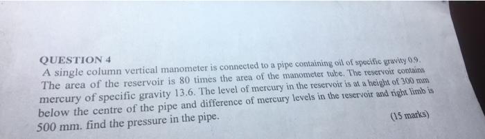 Solved QUESTION 4 A single column vertical manometer is | Chegg.com