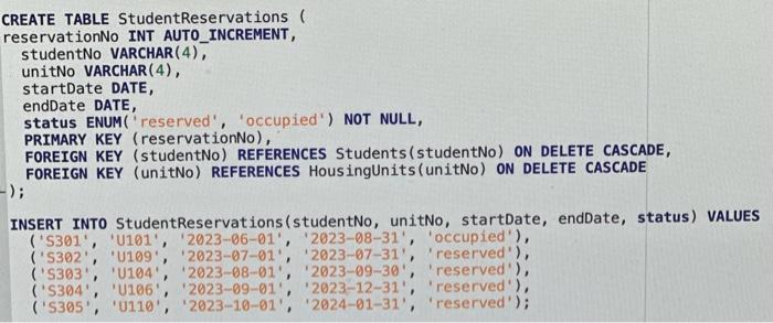 Solved CREATE TABLE StudentReservations ( reservationNO INT | Chegg.com