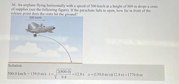 Solved 36. An airplane flying horizontally with a speed of | Chegg.com