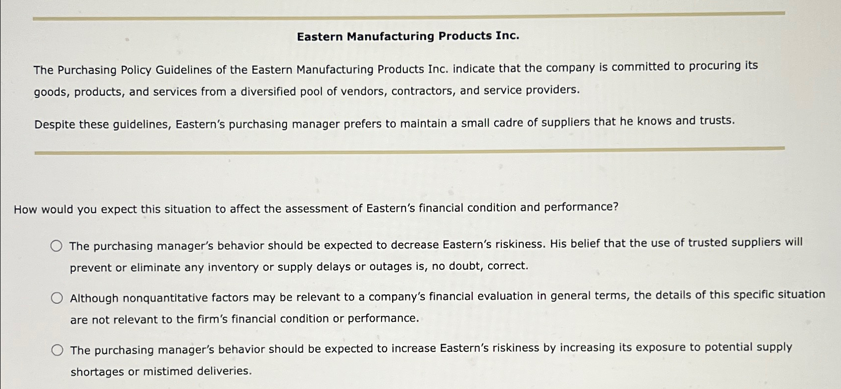 Solved Eastern Manufacturing Products Inc.The Purchasing | Chegg.com