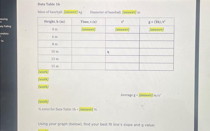 Data Table 1 b Mass of baseball: [answer] kg Diameter | Chegg.com