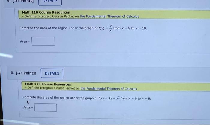 Solved 4. Math 110 Course Resources - Definite Integrals | Chegg.com