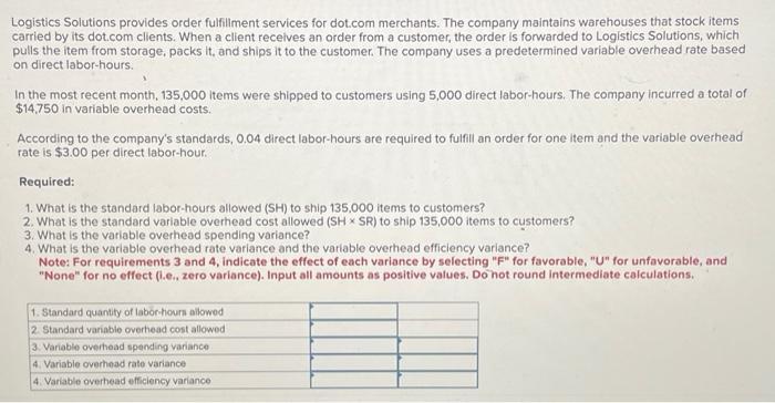 Solved Logistics Solutions provides order fulfillment | Chegg.com